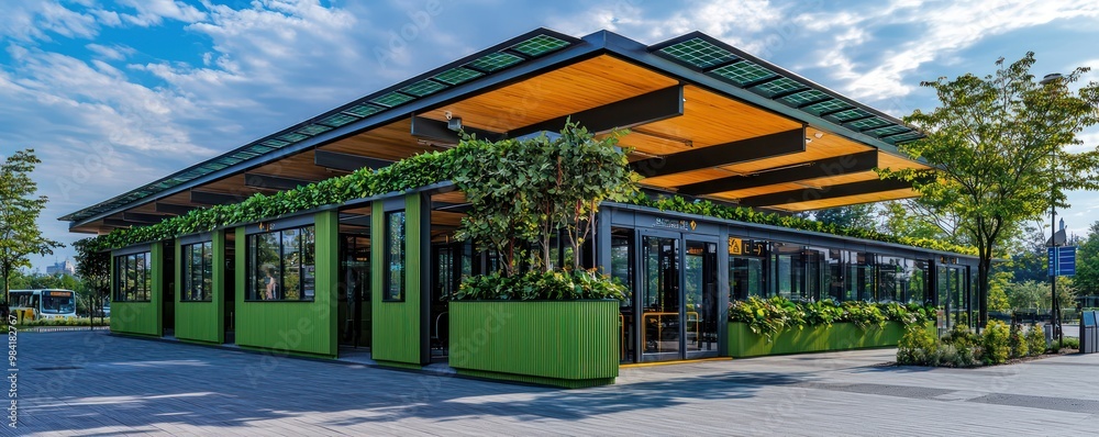 A sustainable bus terminal with a roof and walls clad in green fiber ...