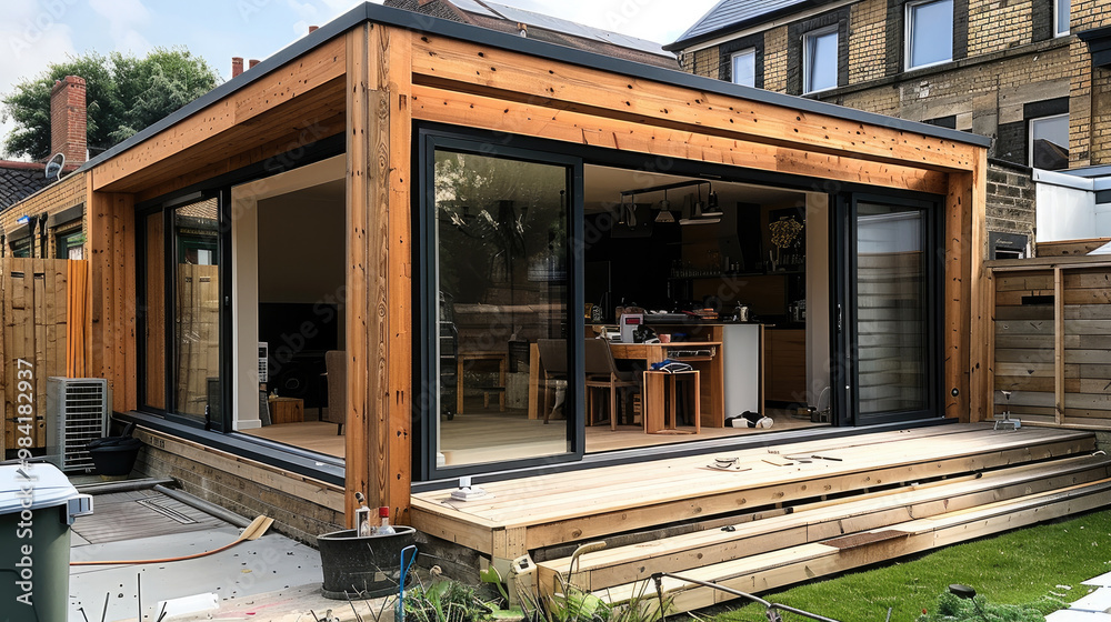 Building the extension with a robust timber frame. Generative AI. Stock ...