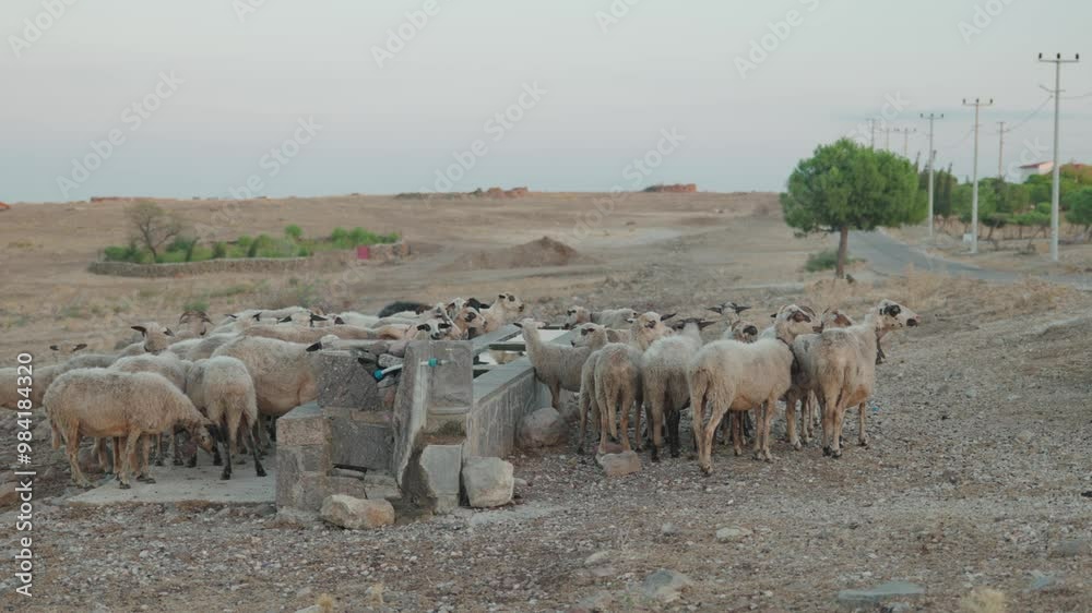 Sheep lambs standing next to water and drinking, looking at camera on ...