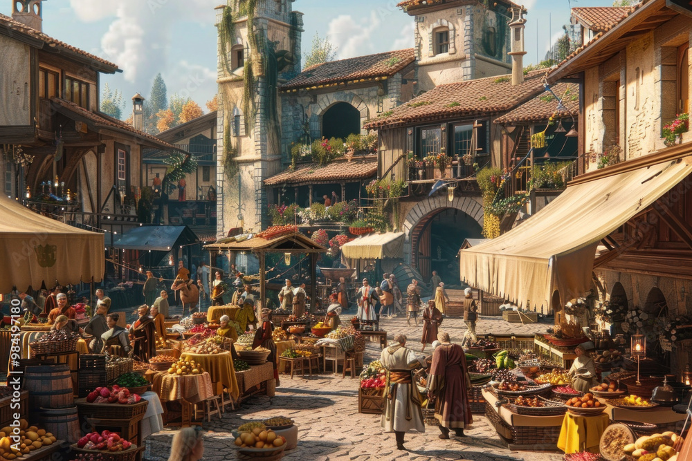Lively medieval market scene in a sunlit town square, showcasing a ...