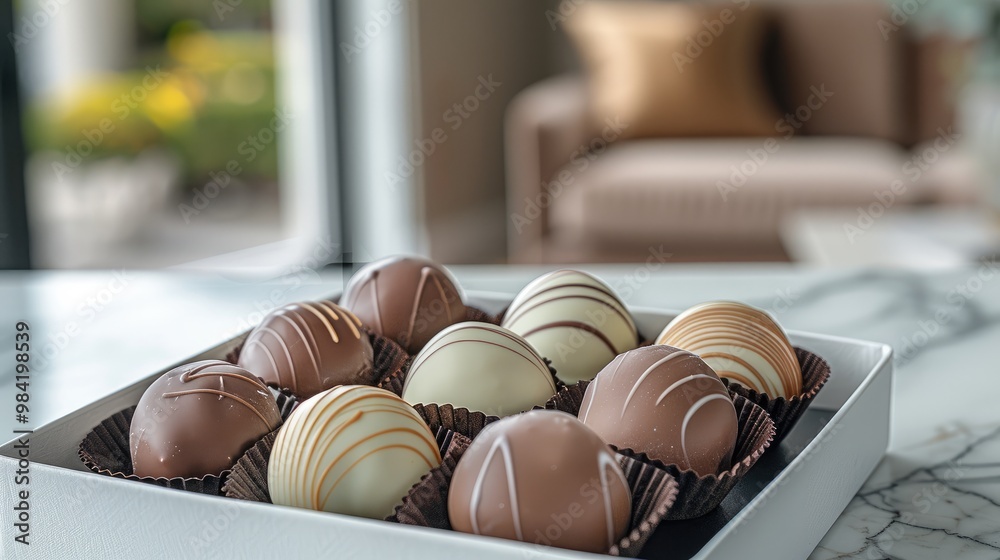 White marble counter with 6 round chocolate truffles, some in pastel ...