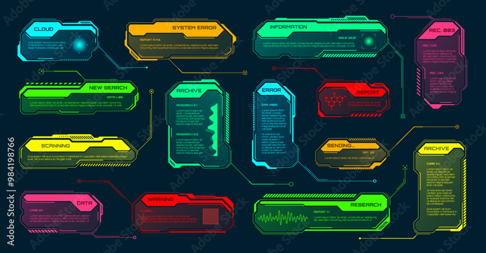 Futuristic HUD or UI elements. Sci-fi user interface text boxes ...
