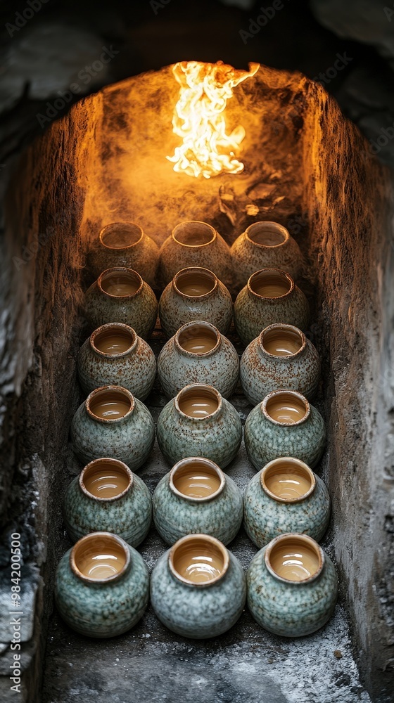 Traditional pottery firing in a kiln with multiple ceramic pots ...
