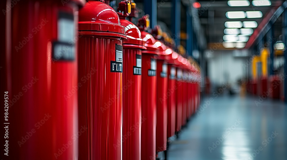 Row of Red Fire Extinguishers in a Factory Stock Illustration | Adobe Stock