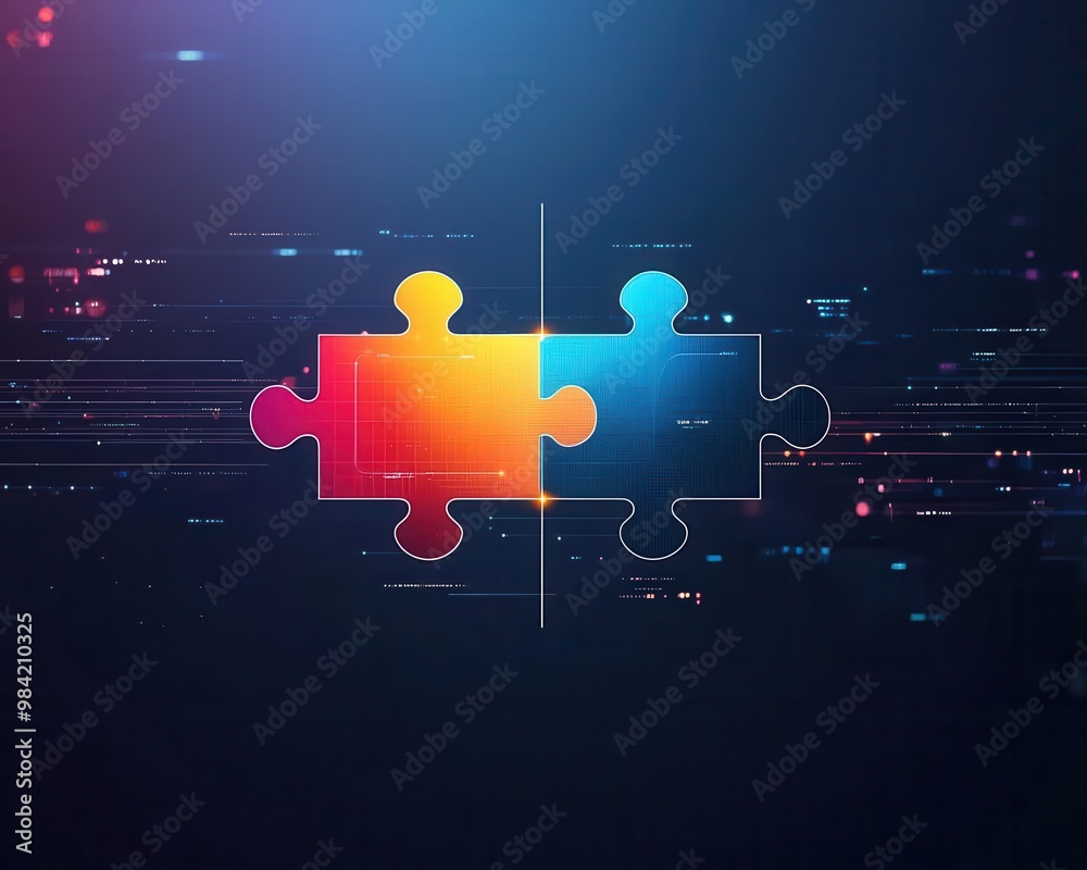 Pieces of two puzzles coming together to form one complete logo, sharp ...