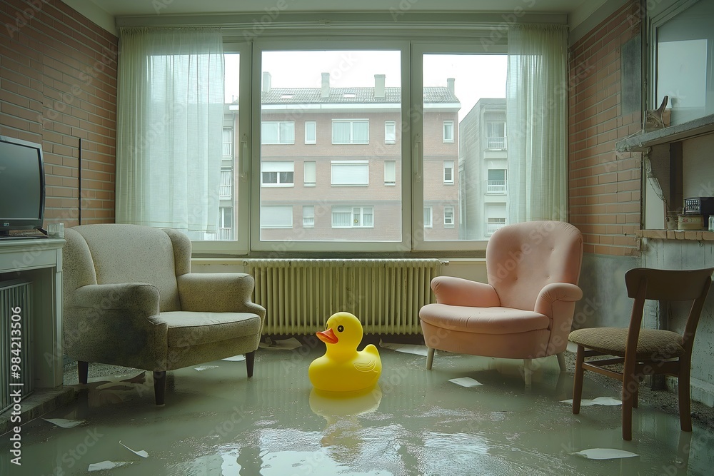 Flooded living room with rubber duck floating. Global warming, climate ...