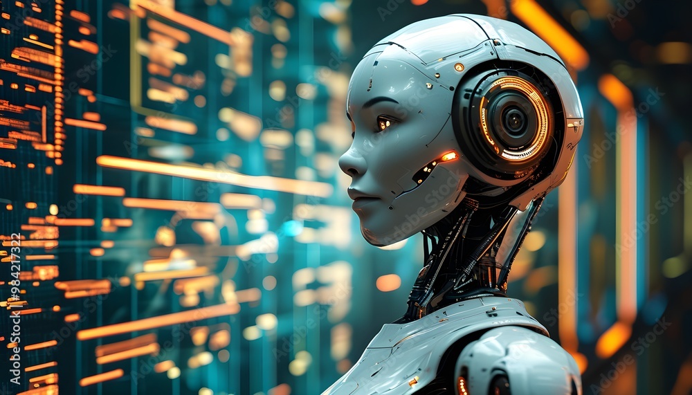 Futuristic humanoid robot amidst digital interface and cybernetic elements, showcasing advanced ...
