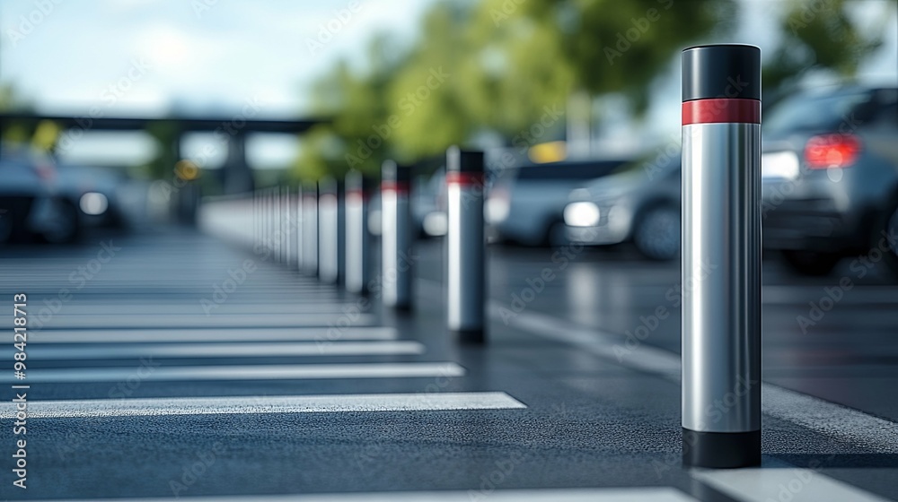 Row of Silver Bollards in Parking Lot with Blurred Cars and White Lines ...