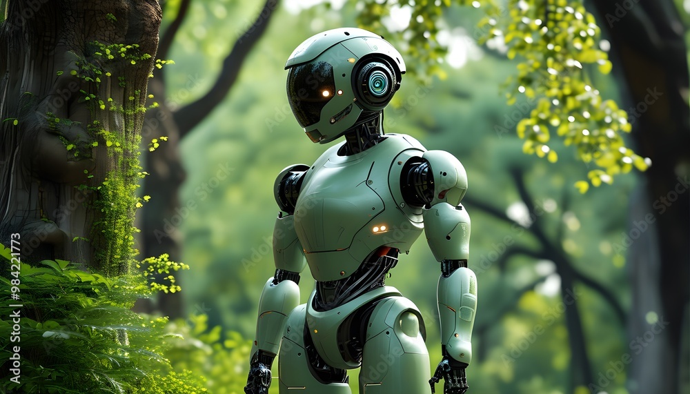 Futuristic humanoid robot exploring a vibrant green park under a lush ...