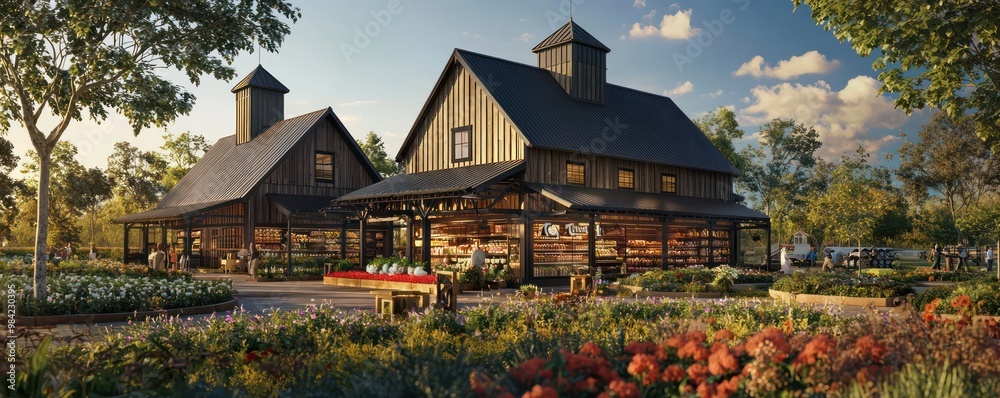 An organic farm store with barn-style James Hardie siding, set in a ...