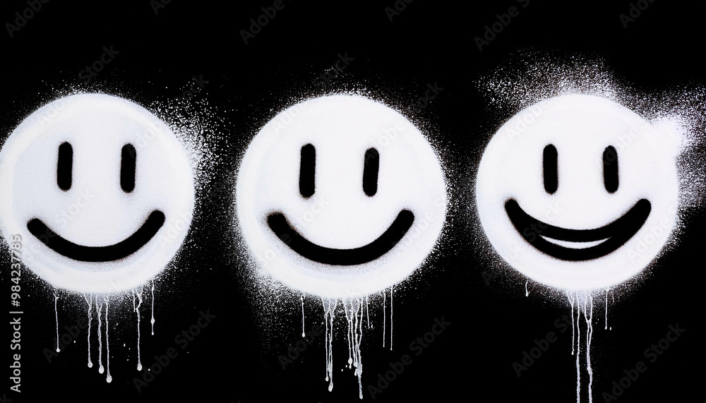 3 Graffiti-style smiley faces with spray paint effect, Smiley Face, ai ...