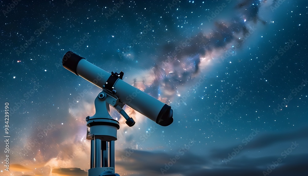 Majestic night sky with stars and the Milky Way, showcasing a telescope ...