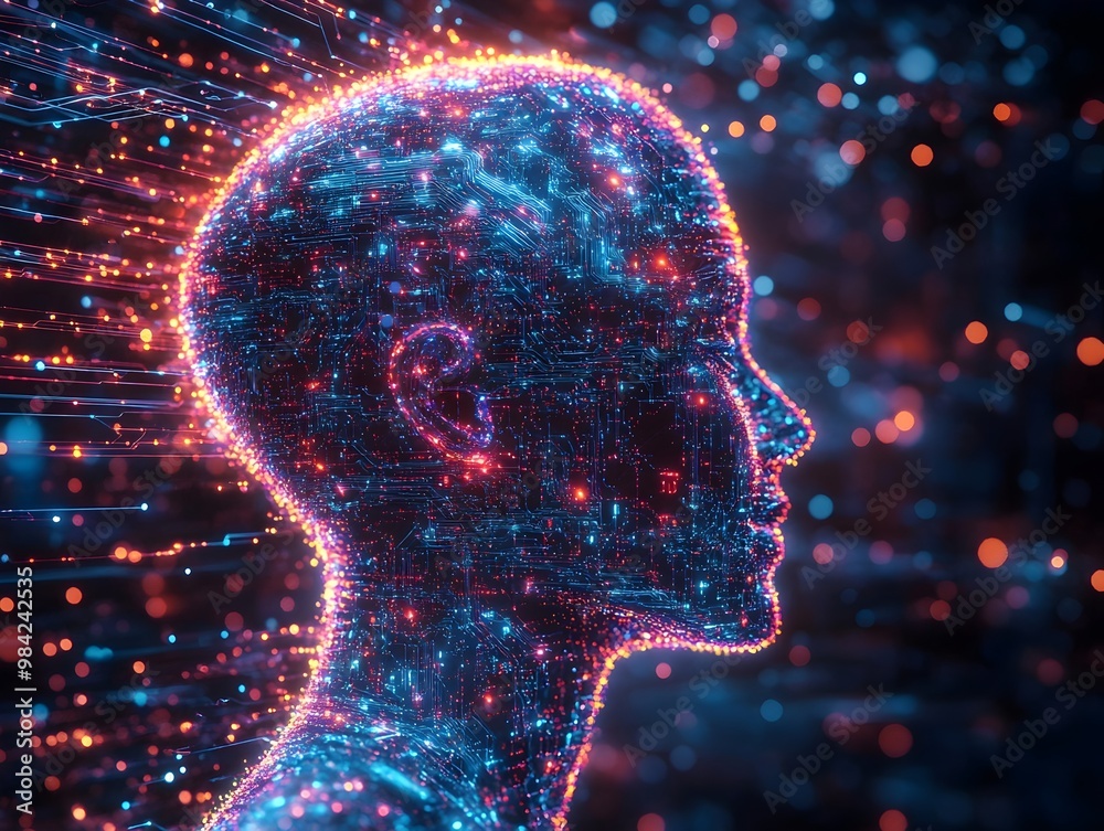 a digital face composed of thousands of glowing pixels, each a different shade of blue, green ...