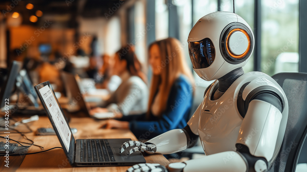 AI Robot working with human employees at office Collaboration in the ...