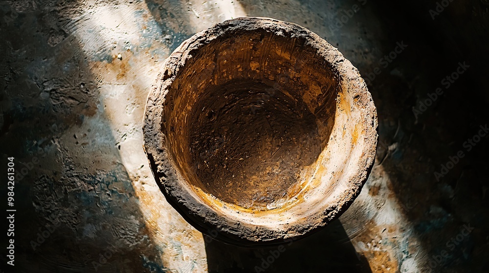 An old clay pot in a shaft of light, showcasing its worn texture and ...