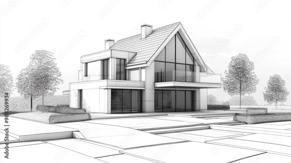 Line art depiction of architectural design for a house in 3D ...