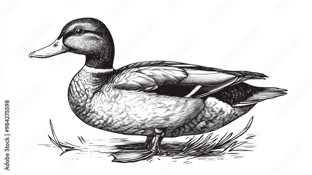 Vintage line art illustration of a Mallard a dabbling duck known for ...