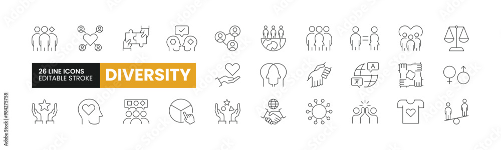 Set of 26 Diversity line icons set. Diversity outline icons with ...