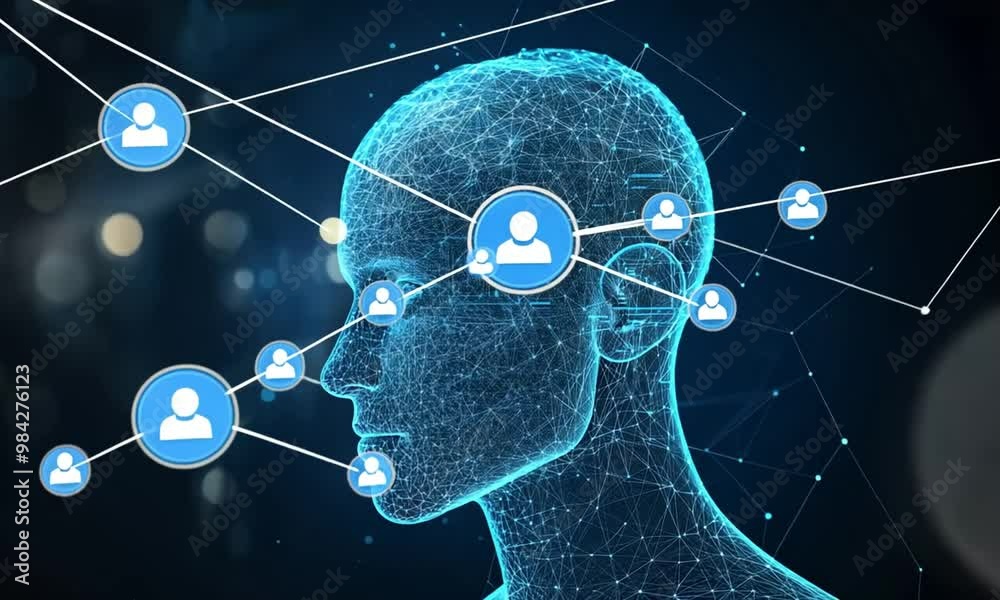 A digital representation of a human head made of interconnected lines ...