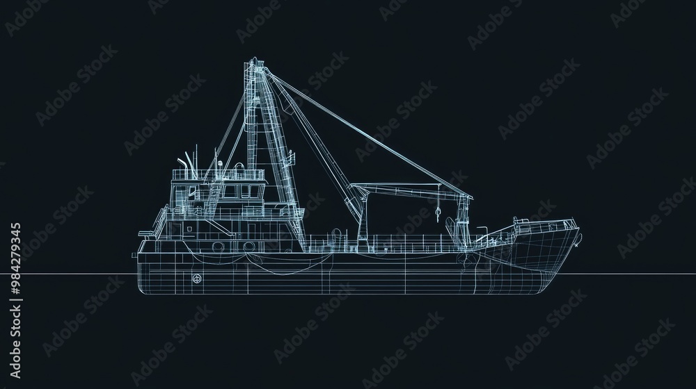 Line art illustration of a dredging barge Part of a water ...