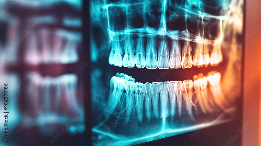 A dental X-ray image displaying an overview of teeth, both upper and ...