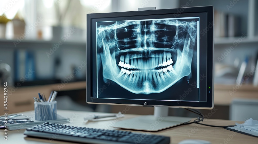 A dental X-ray image displayed on a computer monitor in a dentist's ...