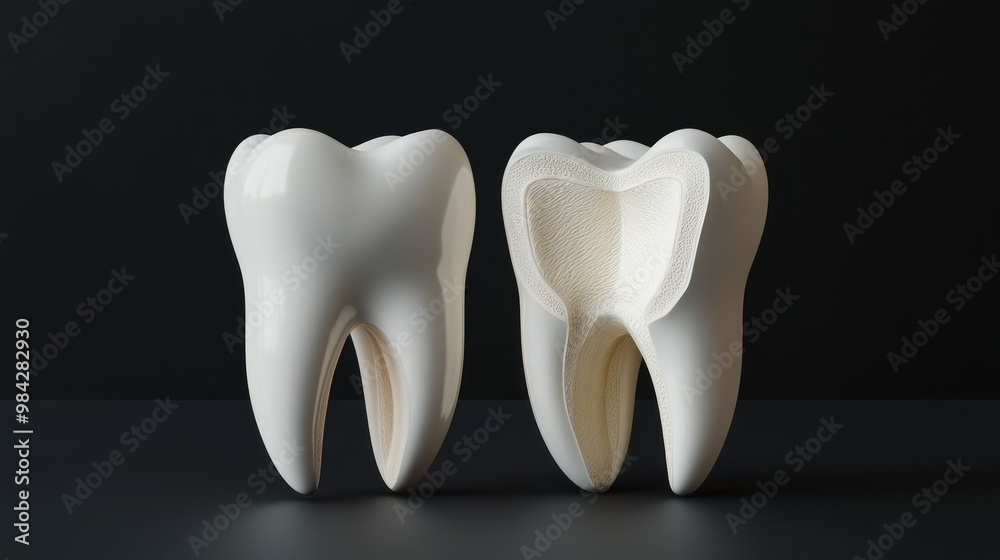 Two stylized white dental models on a black background, depicting a ...