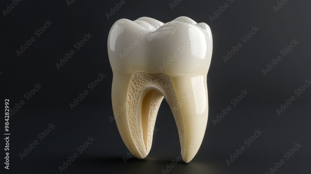An anatomical model of a human molar tooth showing the exterior ...