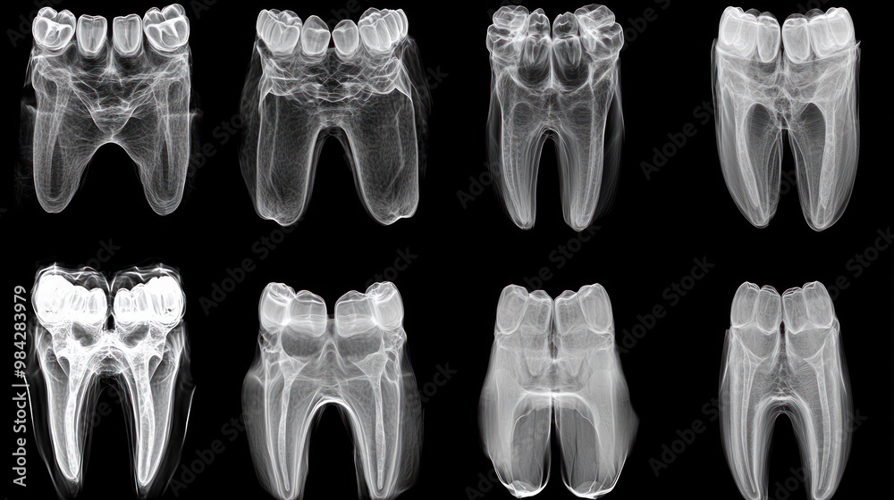 A collection of dental X-ray images showing various views of human ...