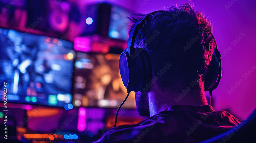 Professional gamer intensely focused, wearing a headset, competing in ...
