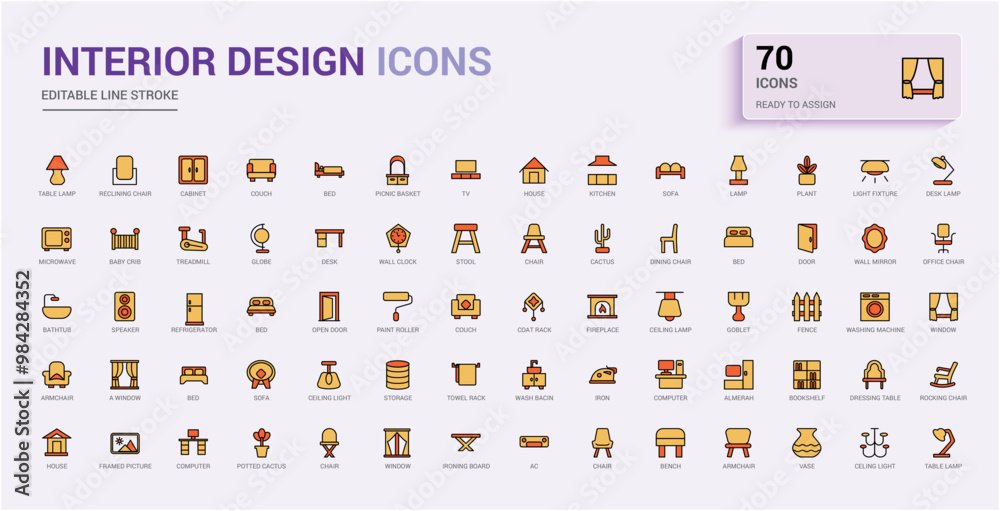 Interior design colorful icon collection. Line and colorful icons for ...
