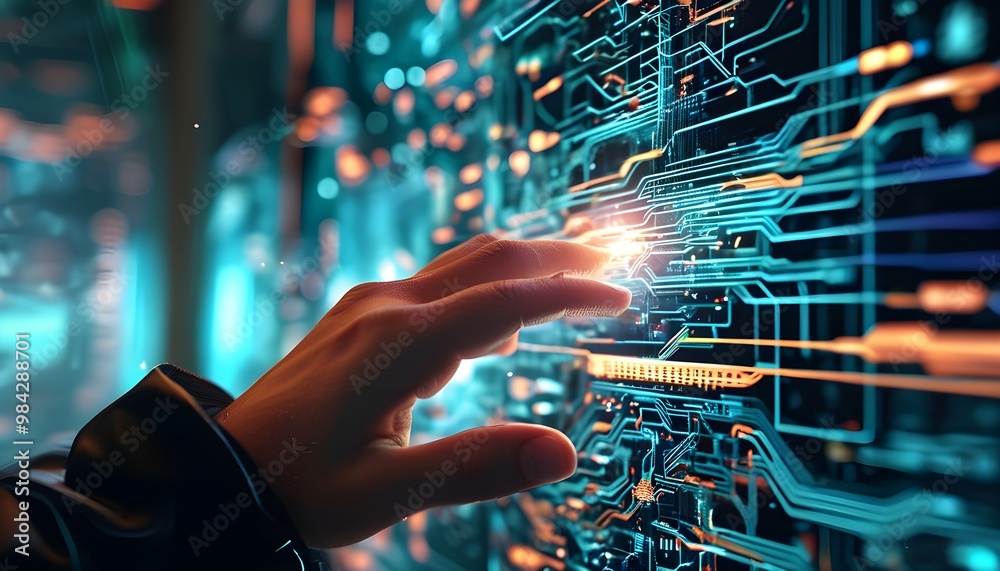 Futuristic hand gesture engaging with a complex digital interface featuring detailed circuit ...