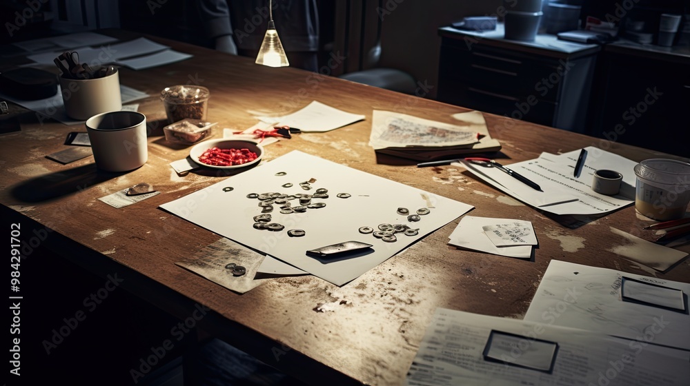 A forensic scene featuring a fingerprint in black ink on a white card ...
