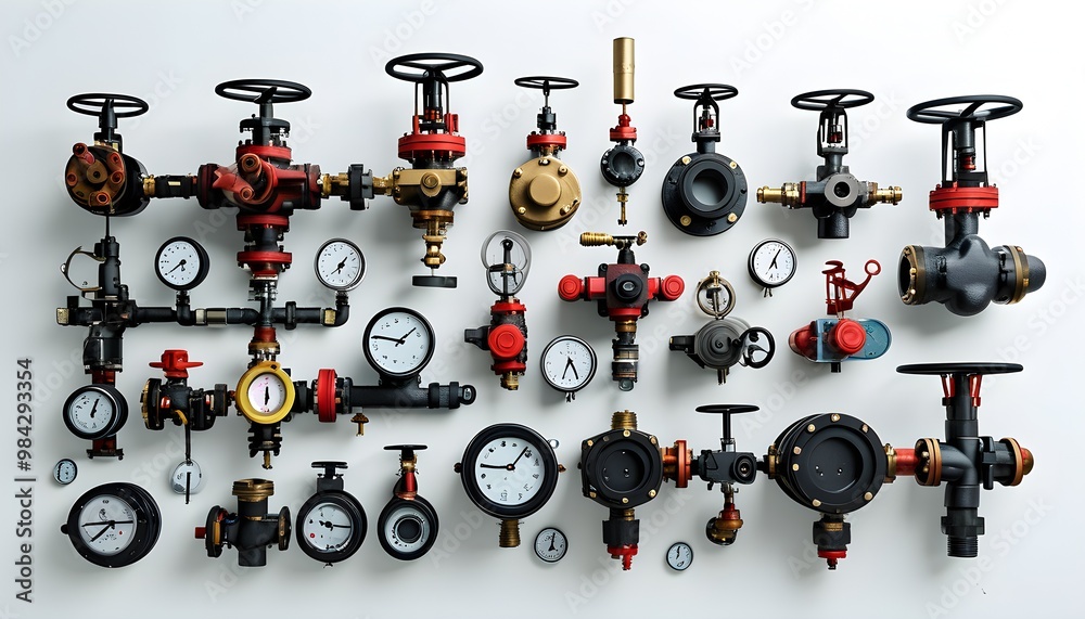 Intricate display of industrial valves, gauges, and pipes arranged ...