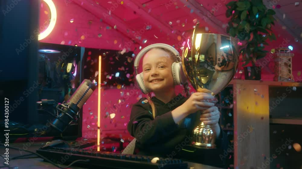 Happy excited champion winner Caucasian little girl daughter child kid ...