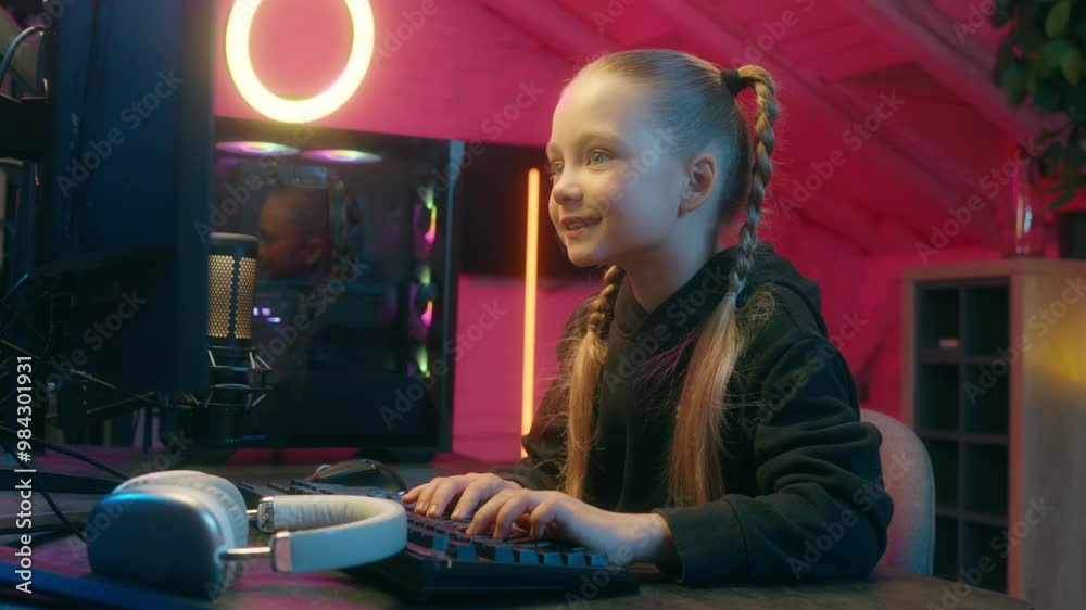 Caucasian little teen girl daughter child kid streamer gamer influencer ...