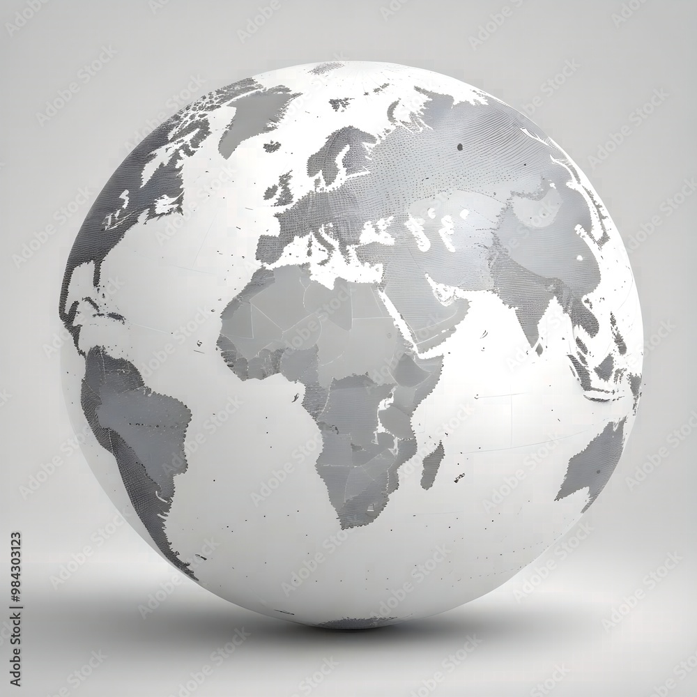 Grayscale Map of World Continents and Oceans in Globe Form 70-word ...