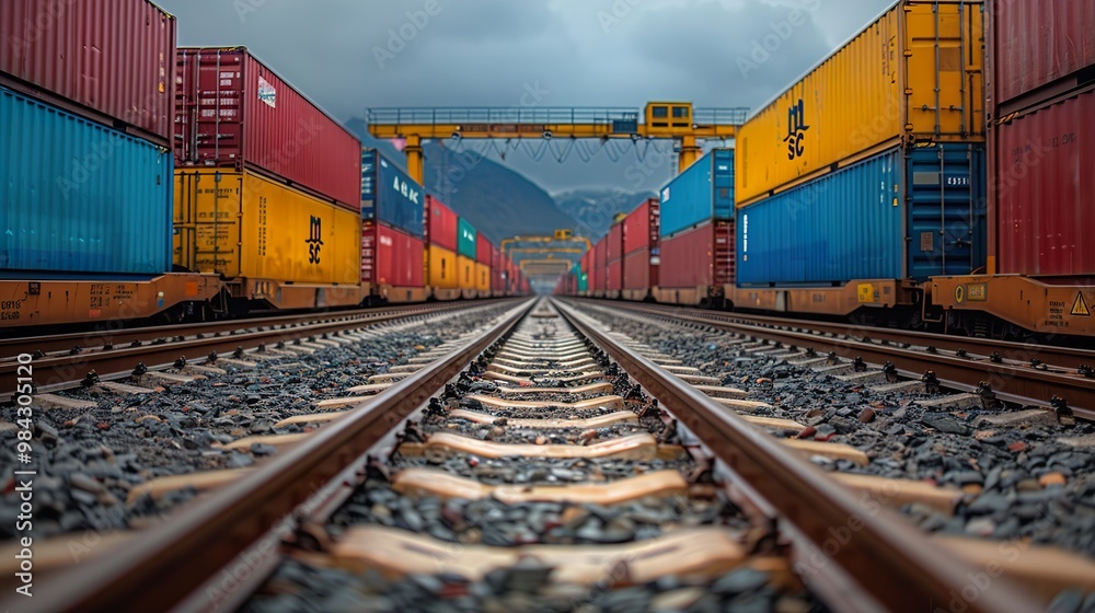 Rows of colorful shipping containers lined up on railway tracks in a ...