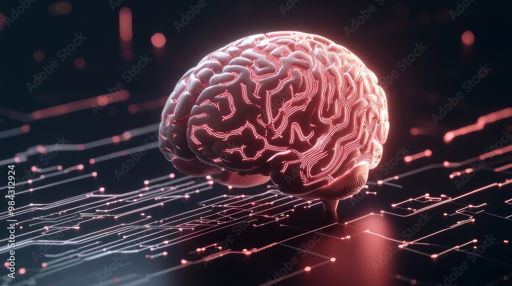 A 3D representation of the human brain with illuminated neural pathways, visualizing the concept ...