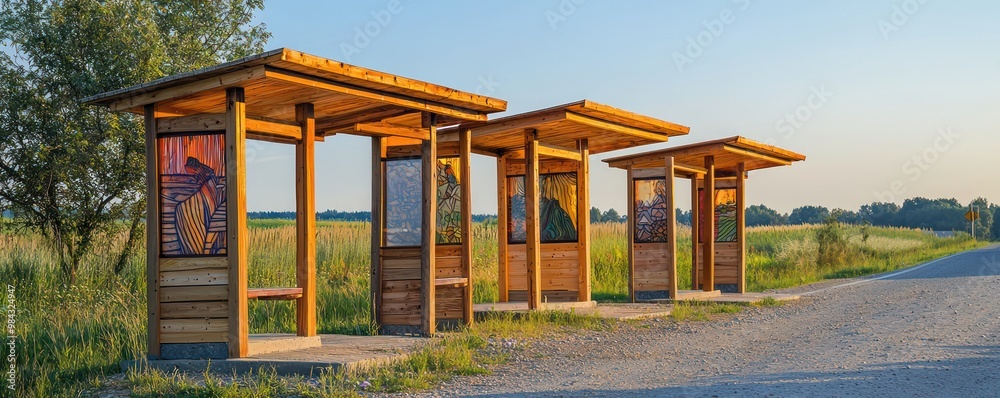 A series of wooden bus stops along a rural route, each with unique ...