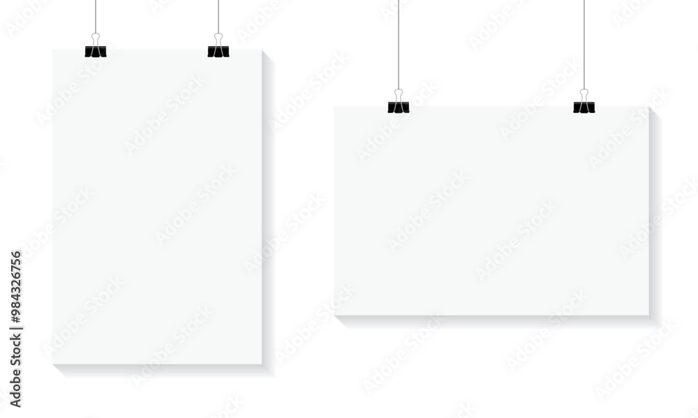 Realistic white blank A4 paper poster hanging with clip and rope. White ...