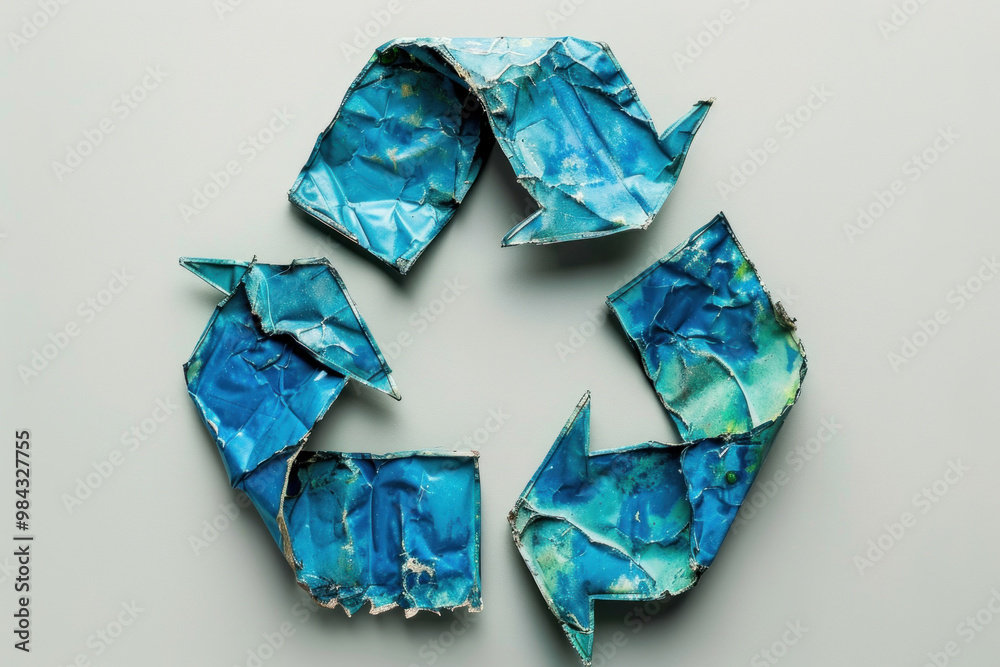 Eco-friendly art concept with a recycling symbol made from crushed blue ...