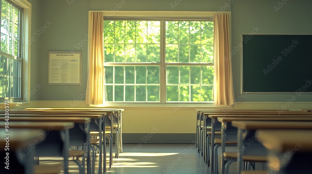Example of an empty nondescript US High School Classroom with desks ...