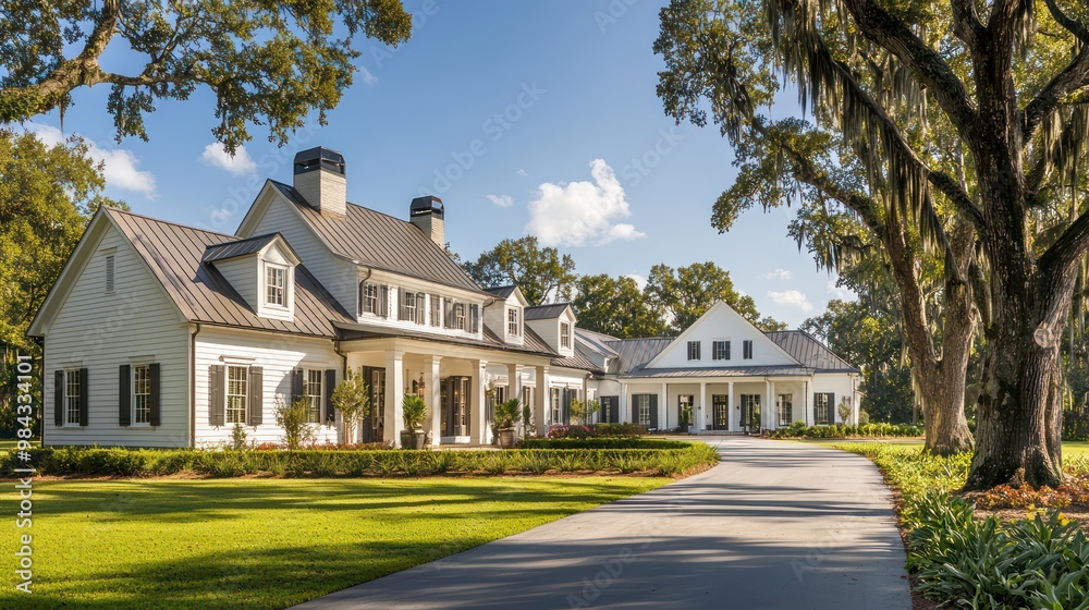 A Southern plantation-style home with classic white James Hardie siding ...