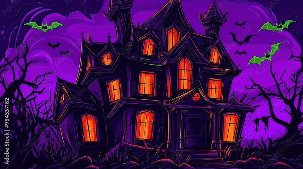spooky, halloween, haunted, house, glowing, window, purple, fantasy ...