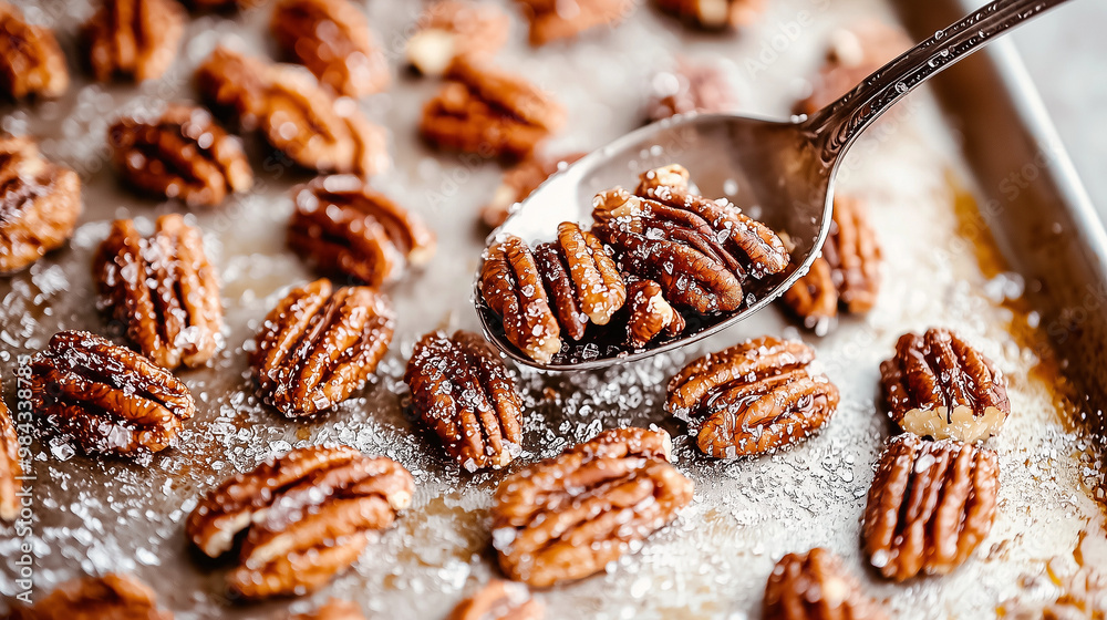Top-down view of spoonfuls of candied pecan mixture clumping together ...