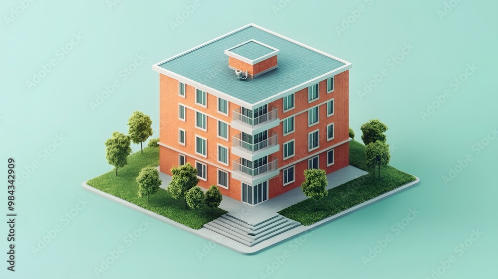An isometric 3D building in clay render style with soft pastel colors ...