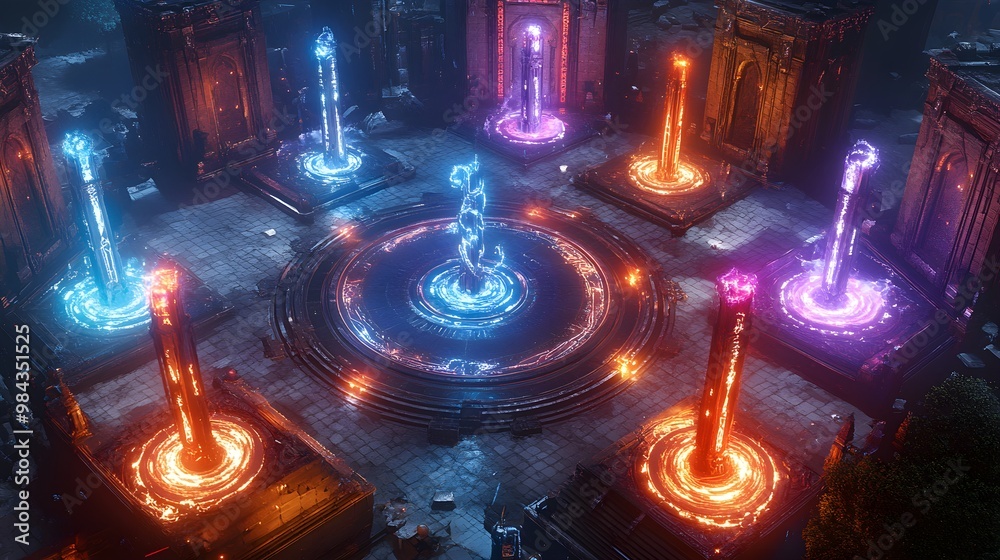 Aerial view of magical towers forming a ring, each glowing with unique ...