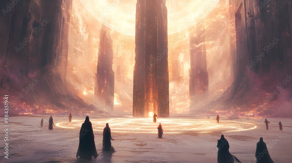 ภาพประกอบสต็อก An ethereal courtyard encircled by towers of sorcerers ...