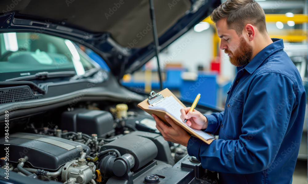 Professional mechanic at work in auto repair garage, making notes on ...